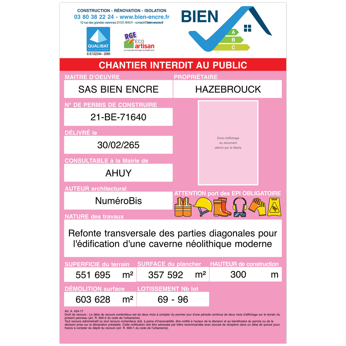 Panneau déclération préalable dp plan permis de construire modèle rose ...